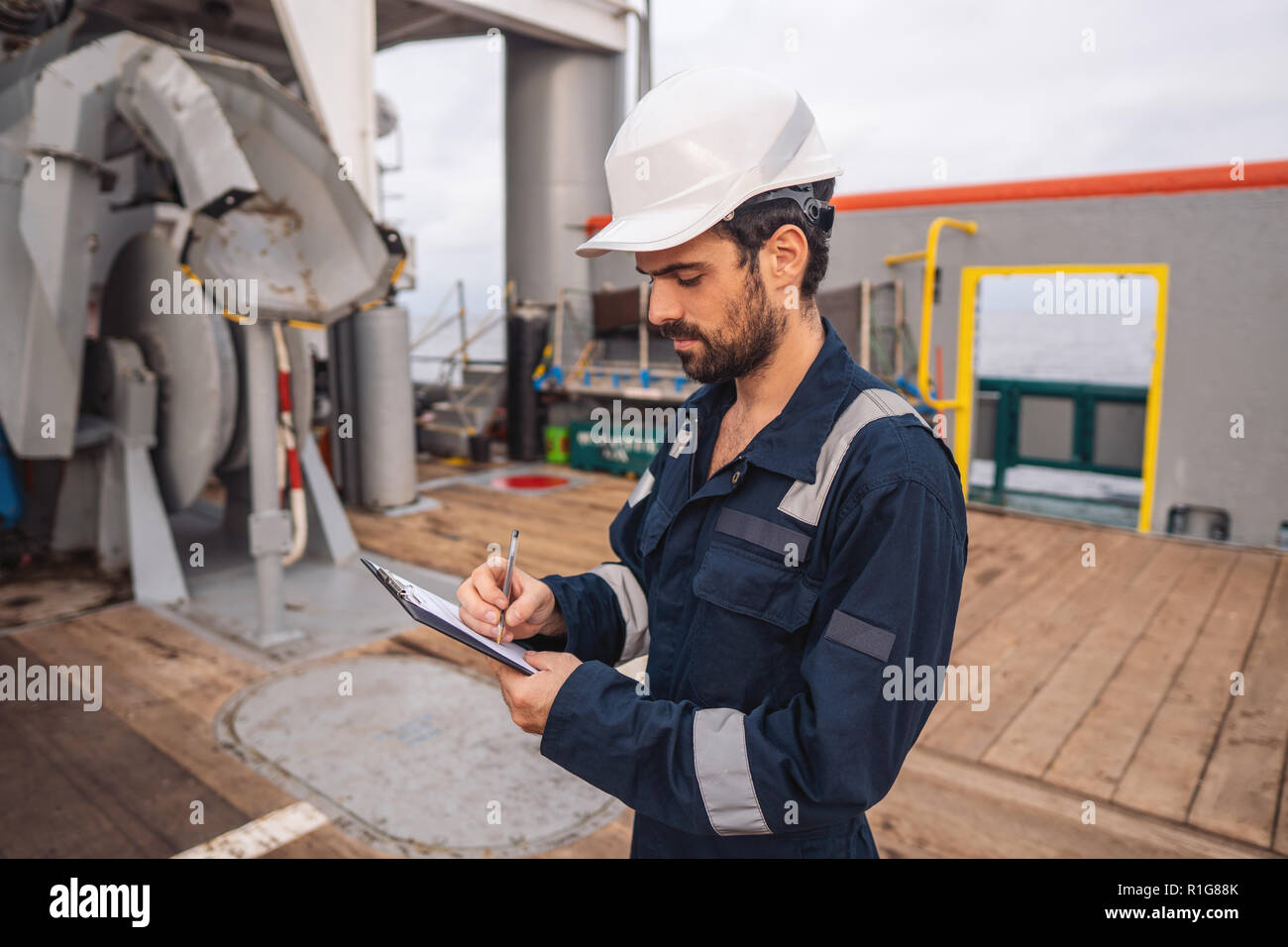 Marine Deck Officer or Chief mate on deck of vessel or ship Stock Photo ...