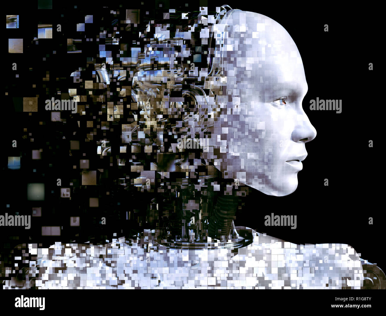 3D rendering of the head of a male robot. The head is breaking apart ...