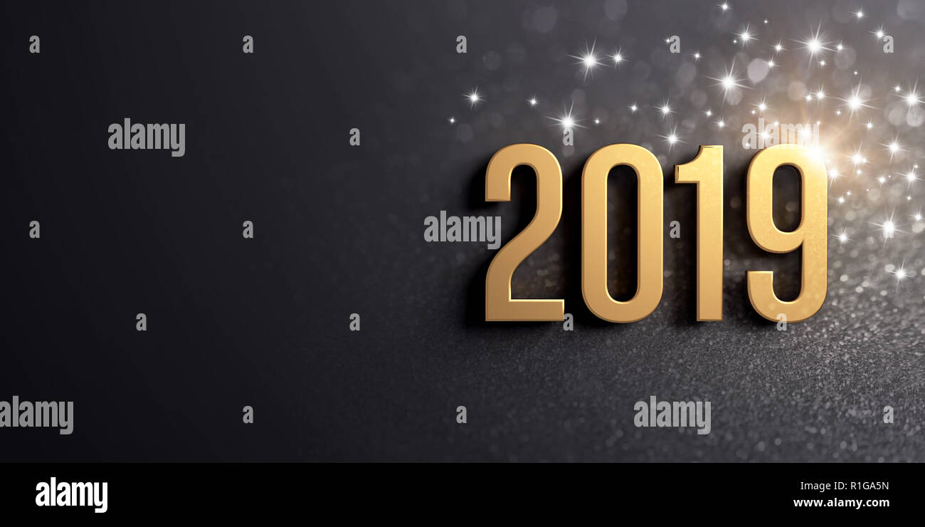 2019 date number colored in gold, on a festive black background, with ...