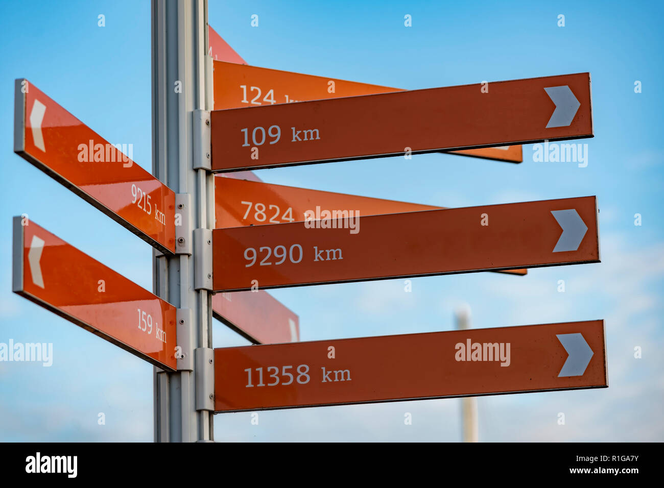Direction pole indicating the direction of several cities and the ...