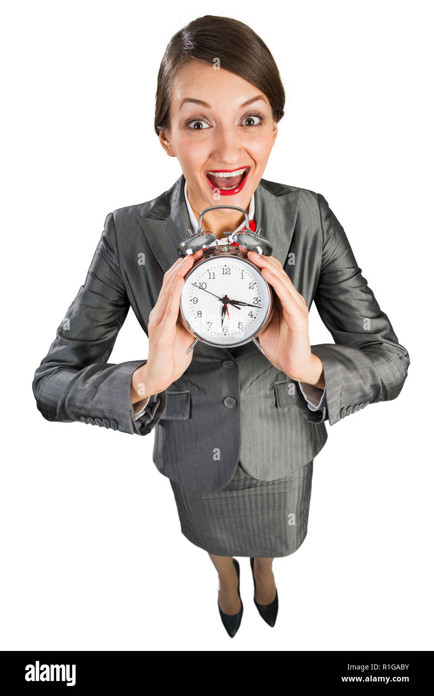 Time management concept with business lady showing alarm clock Stock ...