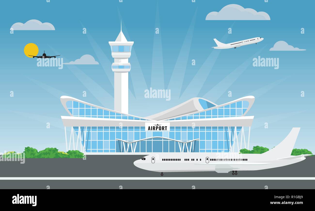 Cool modern airport building in flat and solid color style. Vector ...