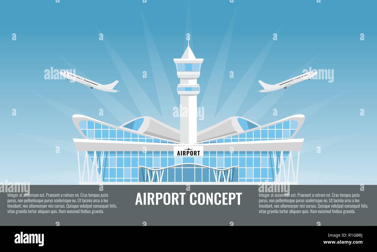 Cool modern airport building in flat and solid color style. Vector ...
