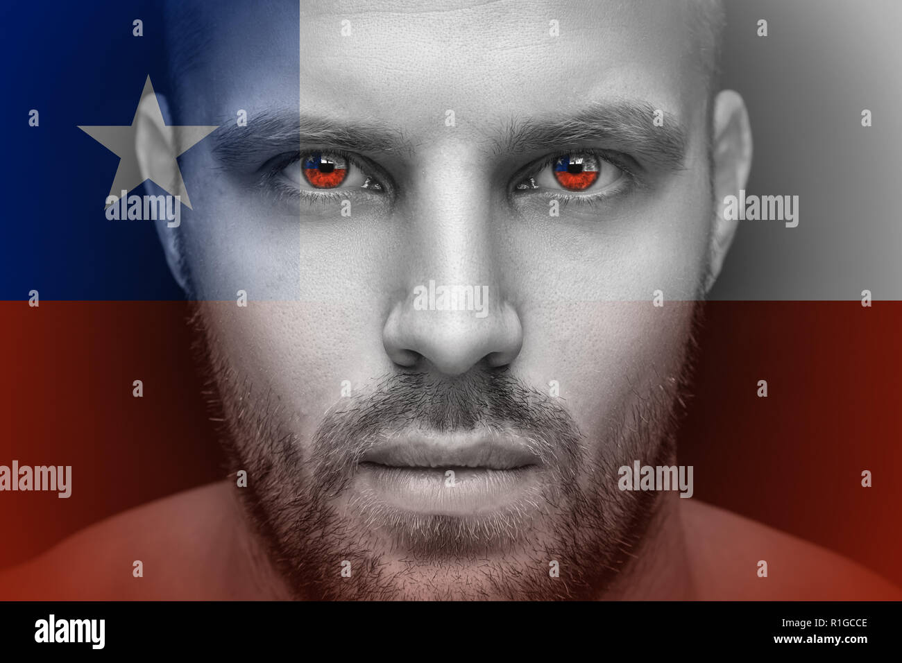 Portrait of a young serious man, in whose eyes the reflected national ...