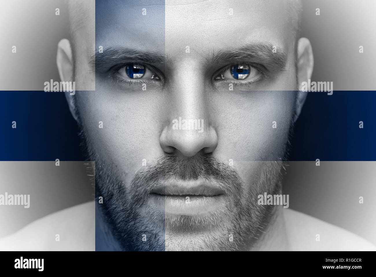 Portrait of a young serious man, in whose eyes the reflected national ...