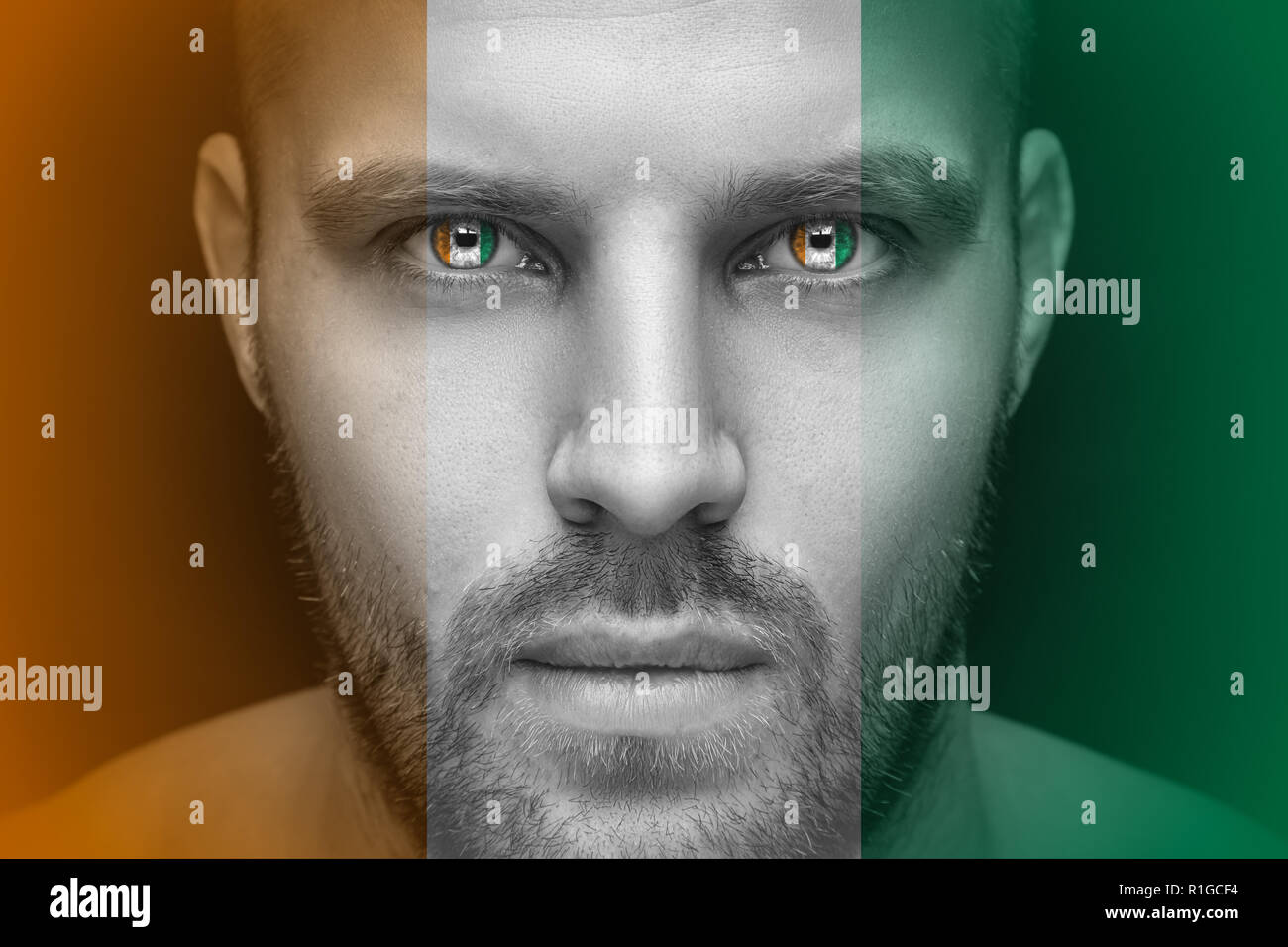 Portrait of a serious young man, in whose eyes the reflected national ...