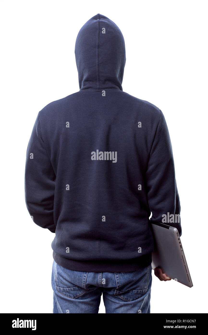 Back view Man in hood hacker with his laptop turned off in his hand ...