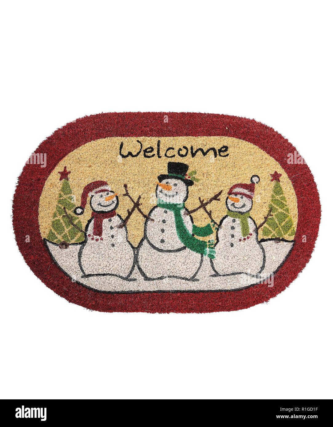 Welcome oval doormat with snowmen isolated on white background Stock ...