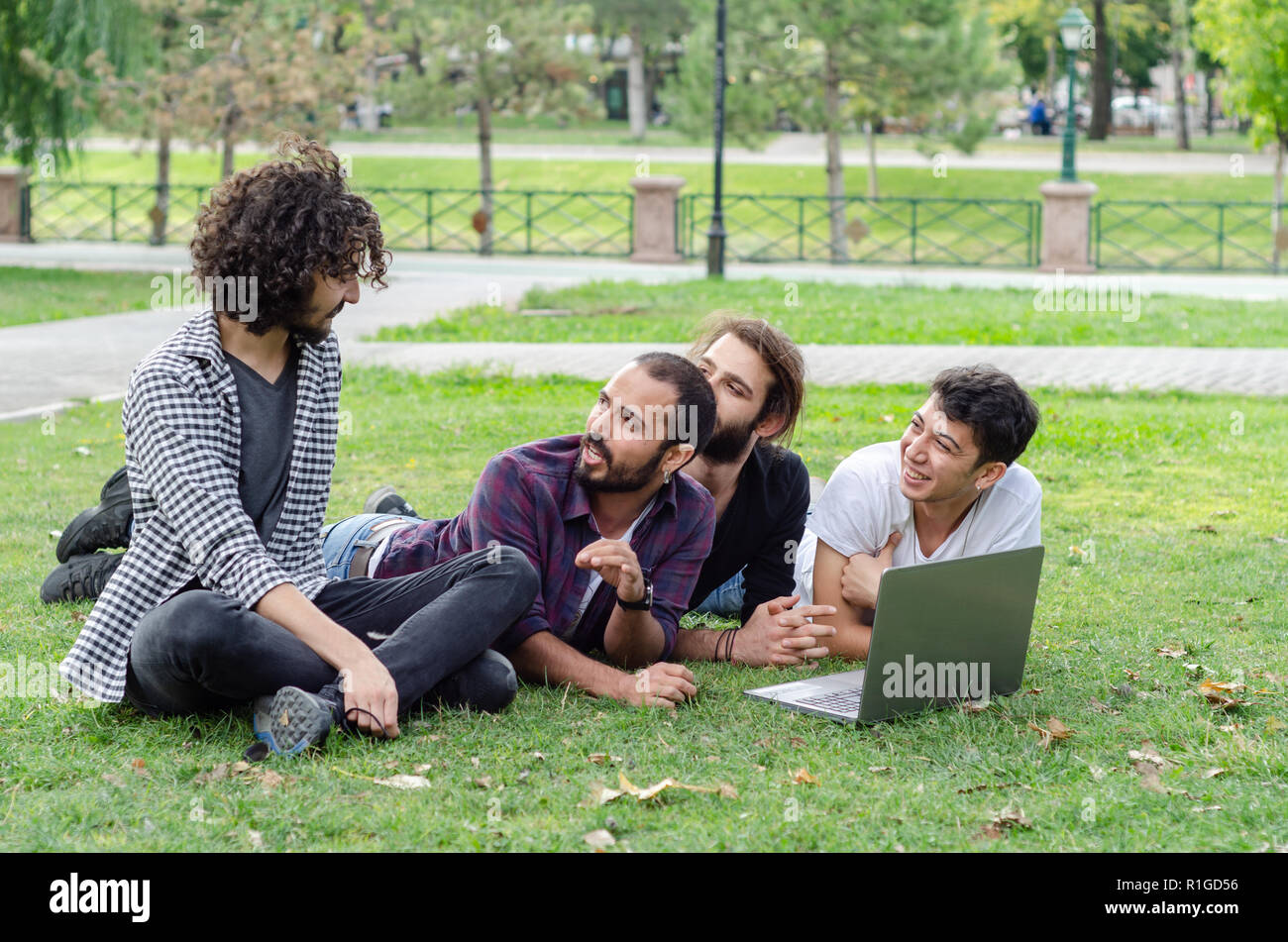 Four young men on the grass and work on the laptop computer.three young ...