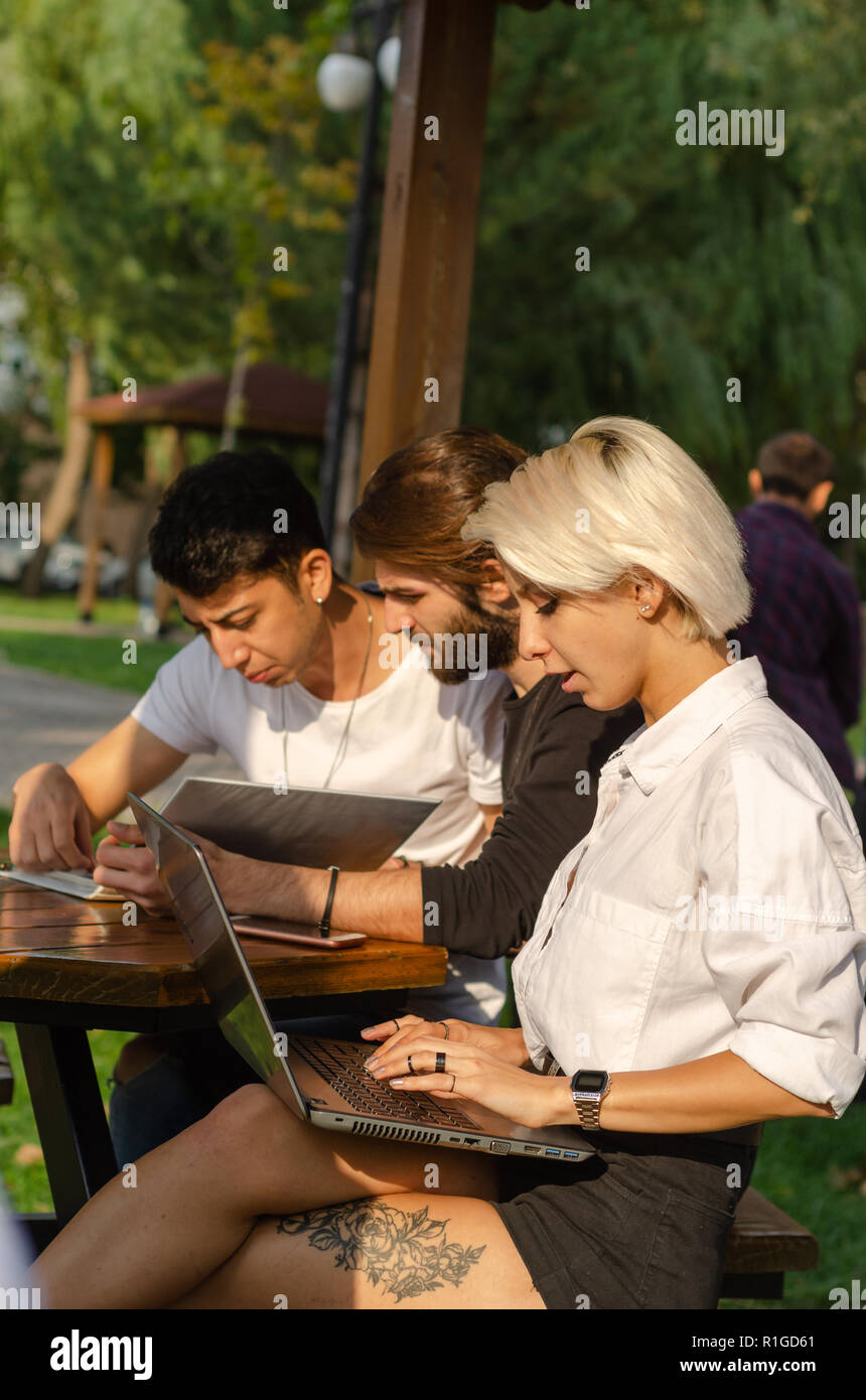 Group working with laptops hi-res stock photography and images - Alamy