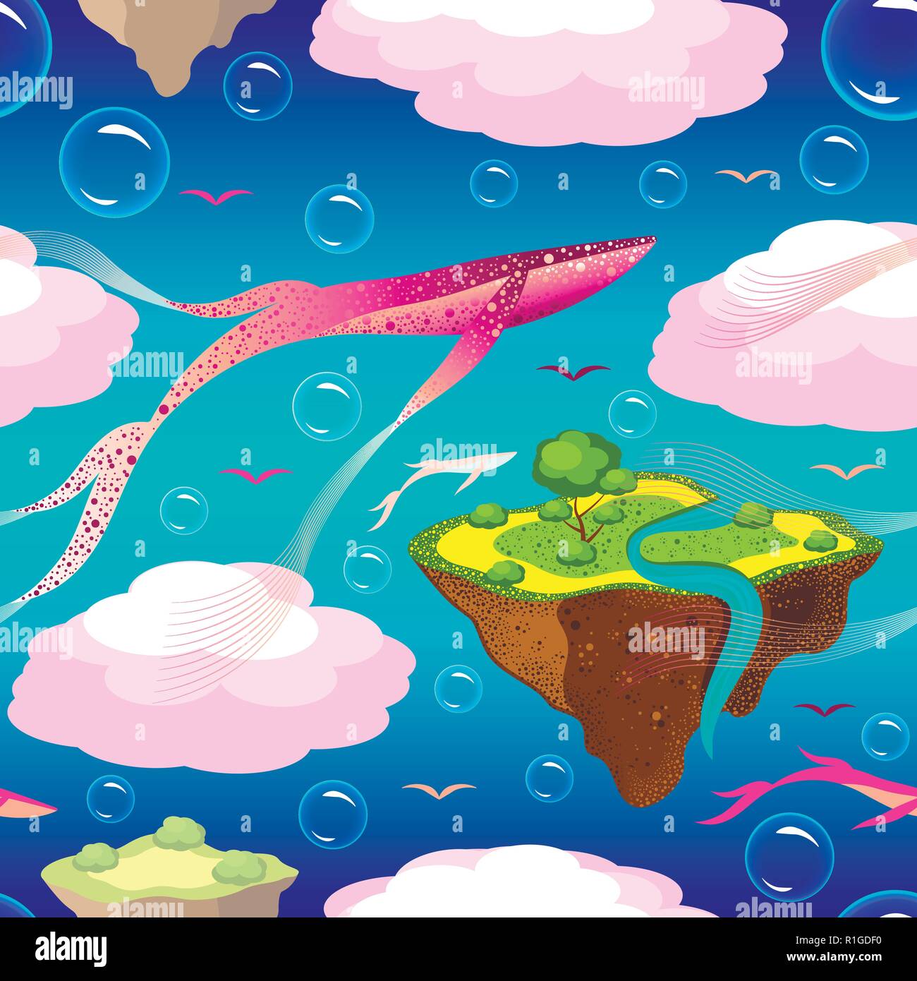 Childrens fantastic pattern. Flying islands and pink whales. Islands ...