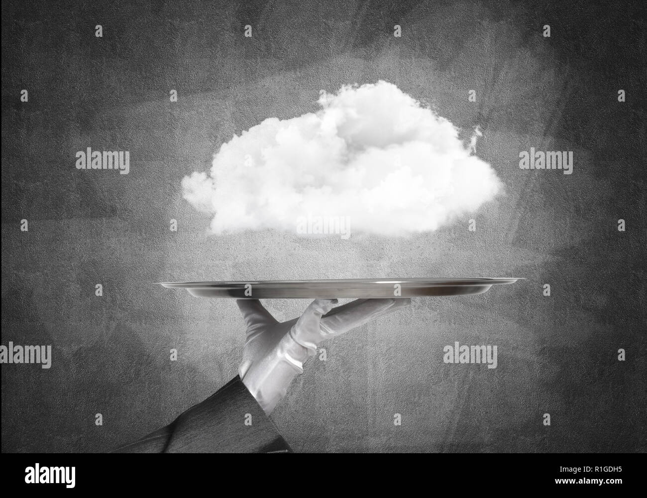 Hand of waitress presenting cloud on tray Stock Photo - Alamy