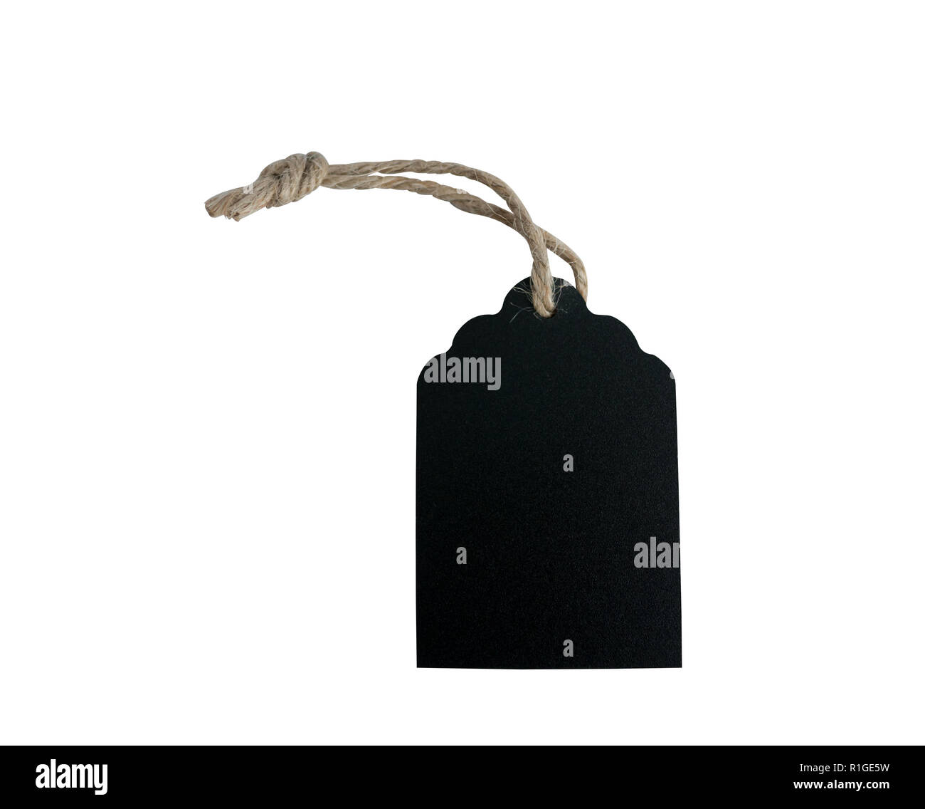 Blank black wooden tag is tied with brown rope isolated on white ...