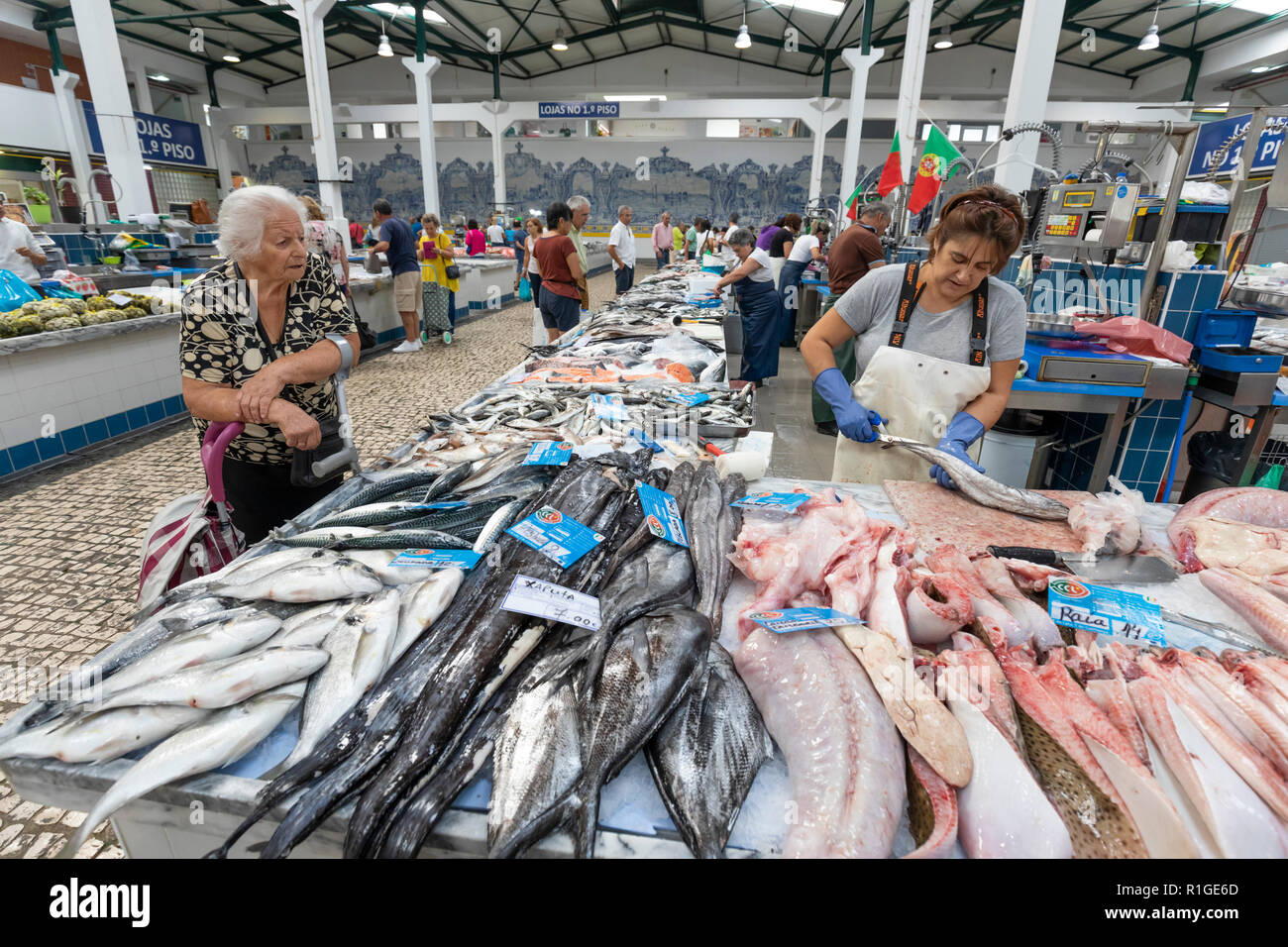 Fresh fish stall inside the Mercado do Livramento taken in the morning ...