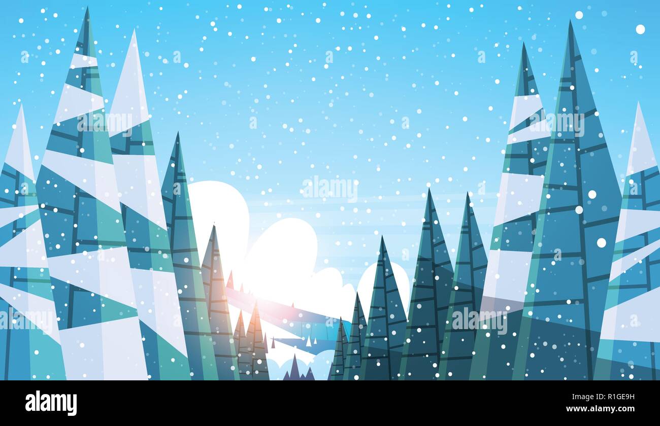 winter snowy forest pine fir tree woods sunset landscape background ...