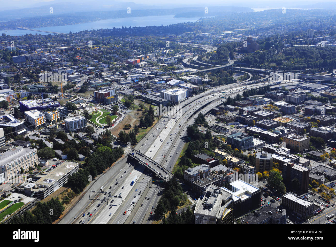 An aerial of Seattle, Washington expressway Stock Photo - Alamy