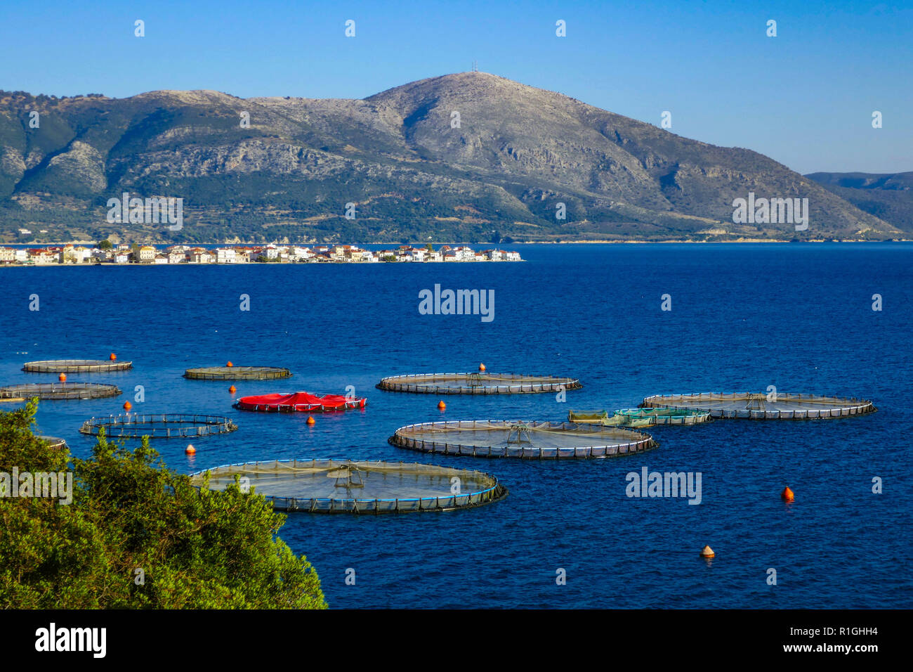Fish-farm, fish farm, near the town of Mytikas, Ionian Sea, Greece ...