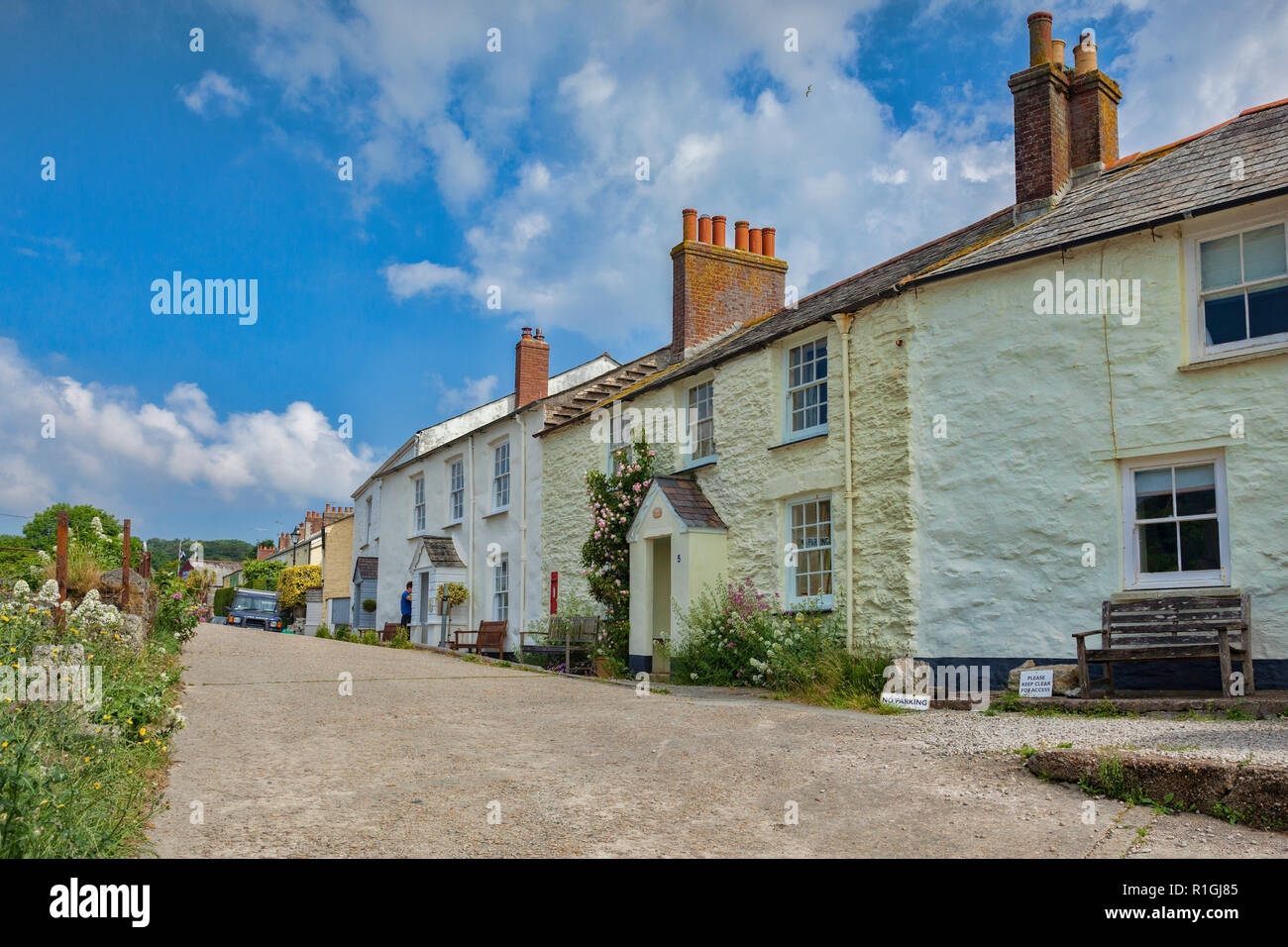 11 June 2018: Charlestown, Cornwall, UK - Row of terraced cottages and ...