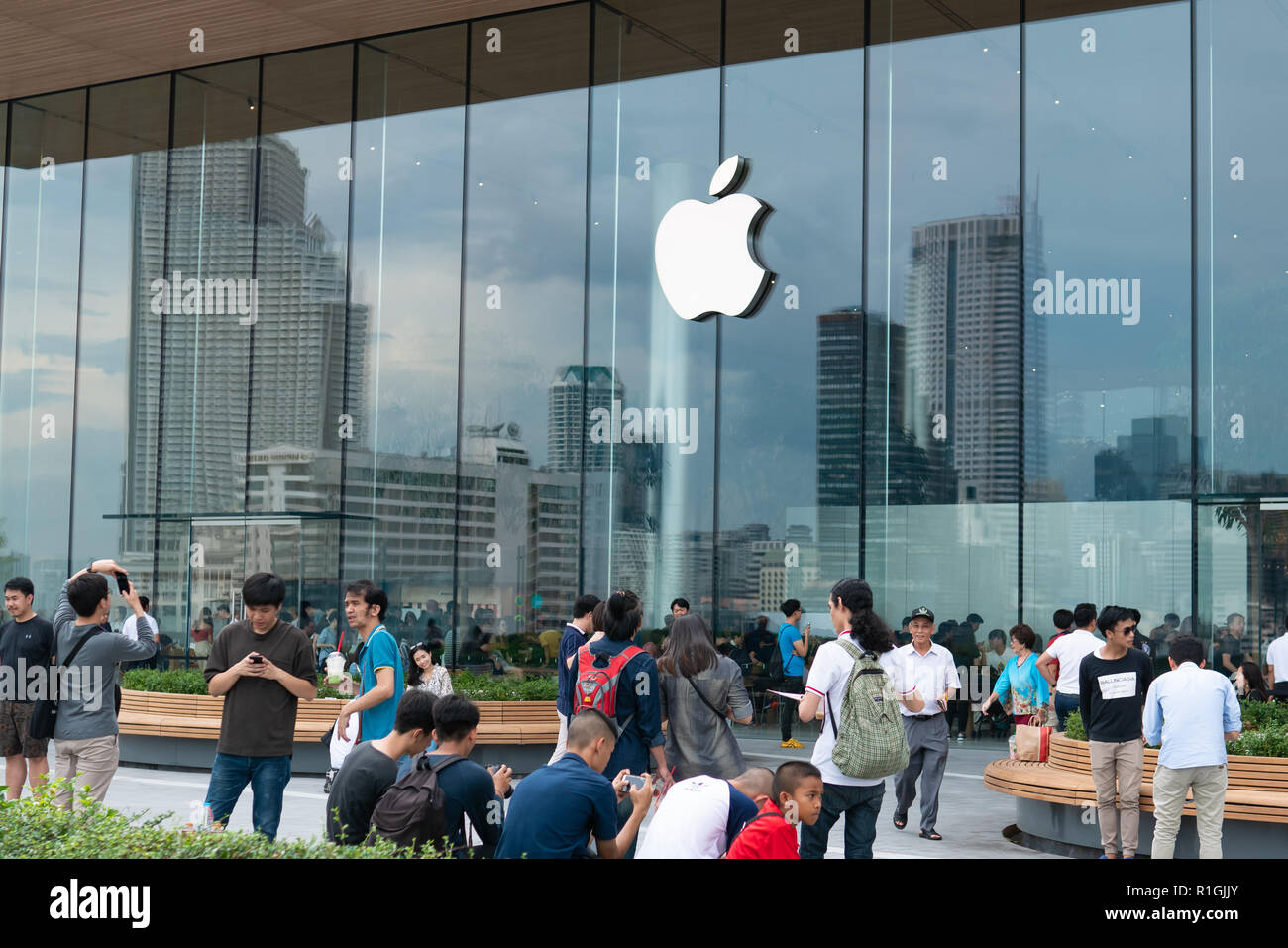 Bangkok, Thailand - November 10, 2018: People visiting the first Apple ...