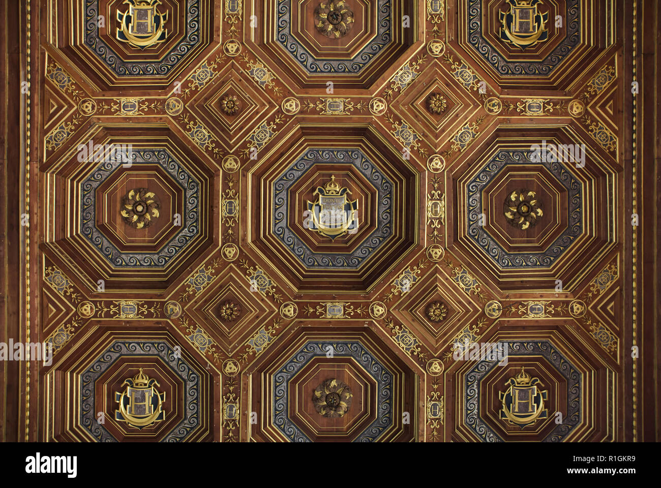Renaissance coffered ceiling in the ballroom in the Palace of ...