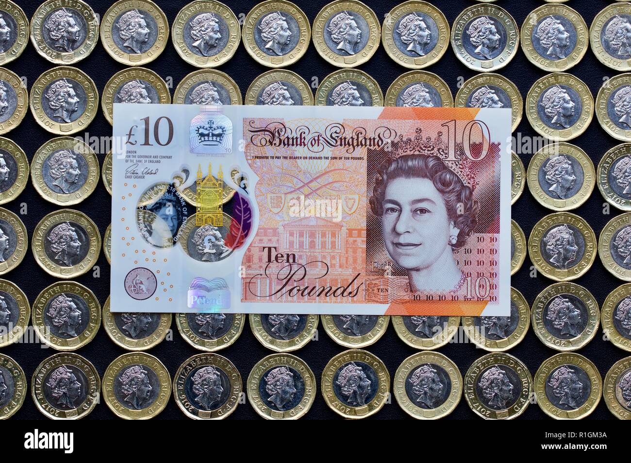 The new polymer £10 note, featuring Jane Austen, with the new £1 coins ...