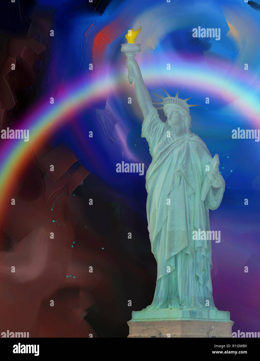 Rainbow over The Statue of Liberty. Modern art Stock Photo - Alamy