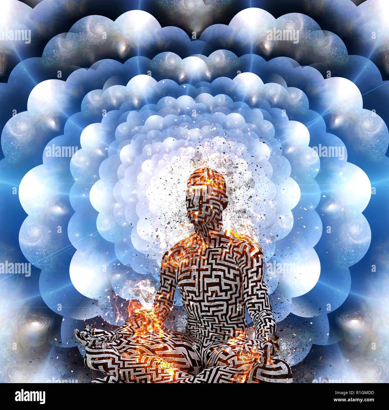 Meditation. Burning figure of man with maze pattern in lotus pose ...