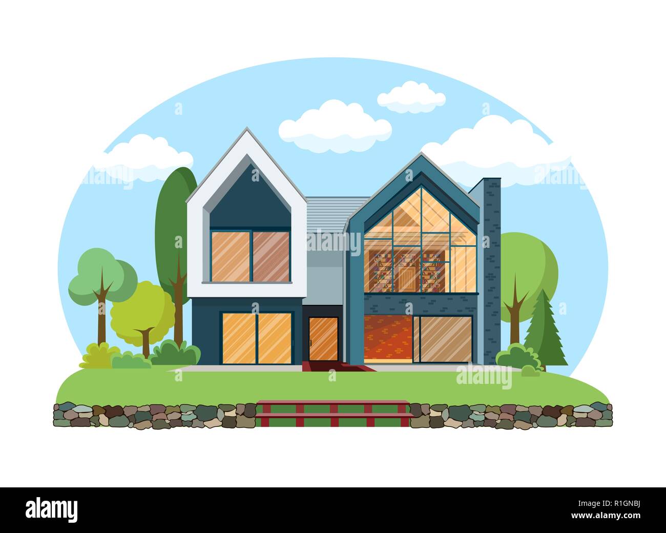 Cartoon house exterior with blue clouded sky Front Home Architecture ...