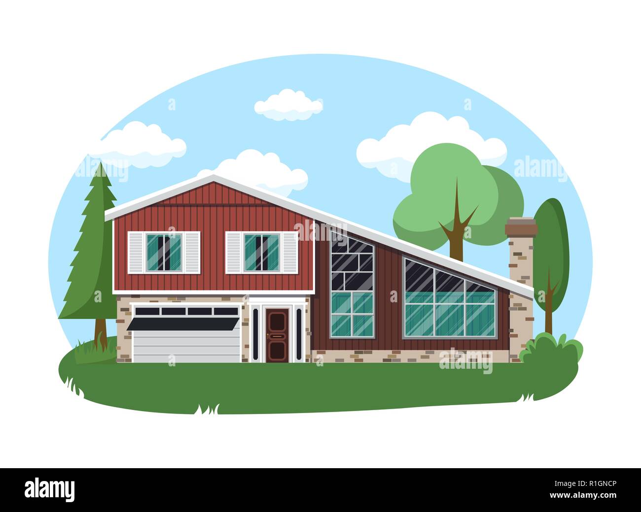 Cartoon house exterior with blue clouded sky Front Home Architecture ...