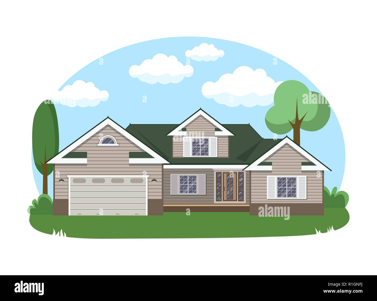 Cartoon house exterior with blue clouded sky Front Home Architecture ...