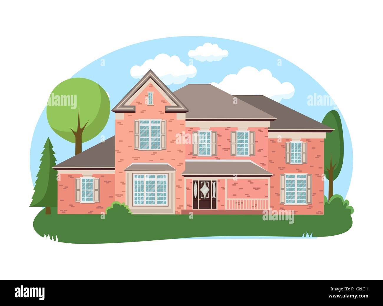Cartoon house exterior with blue clouded sky Front Home Architecture ...