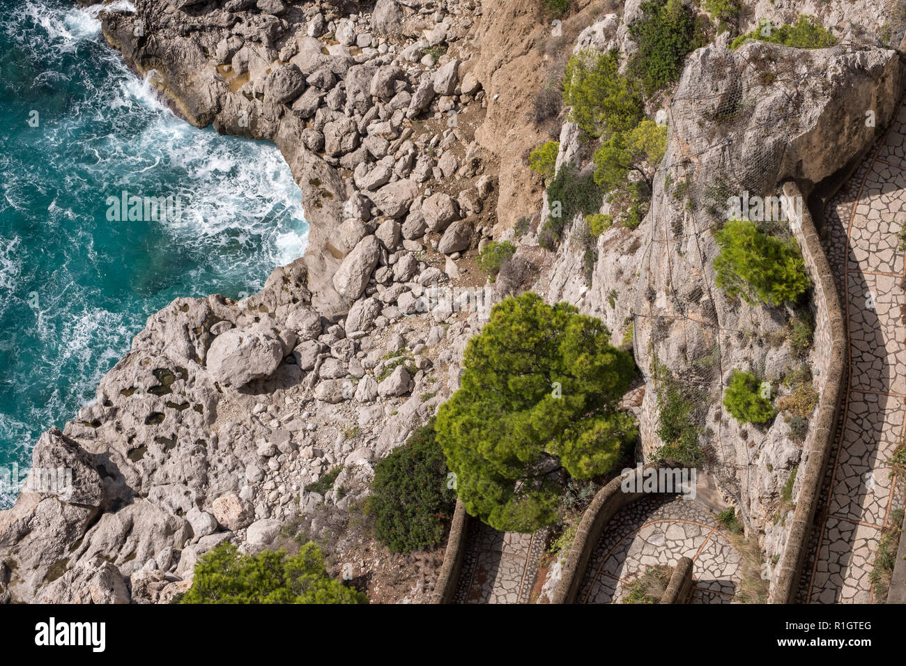 View of Via Krupp switchback pathway and the coastline from the Gardens ...