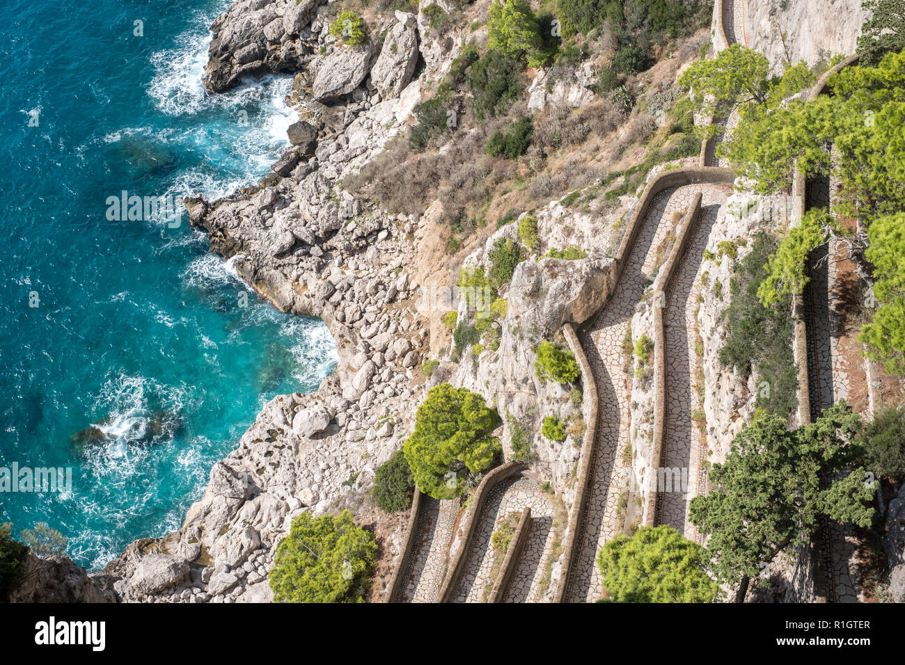 View of Via Krupp switchback pathway and the coastline from the Gardens ...