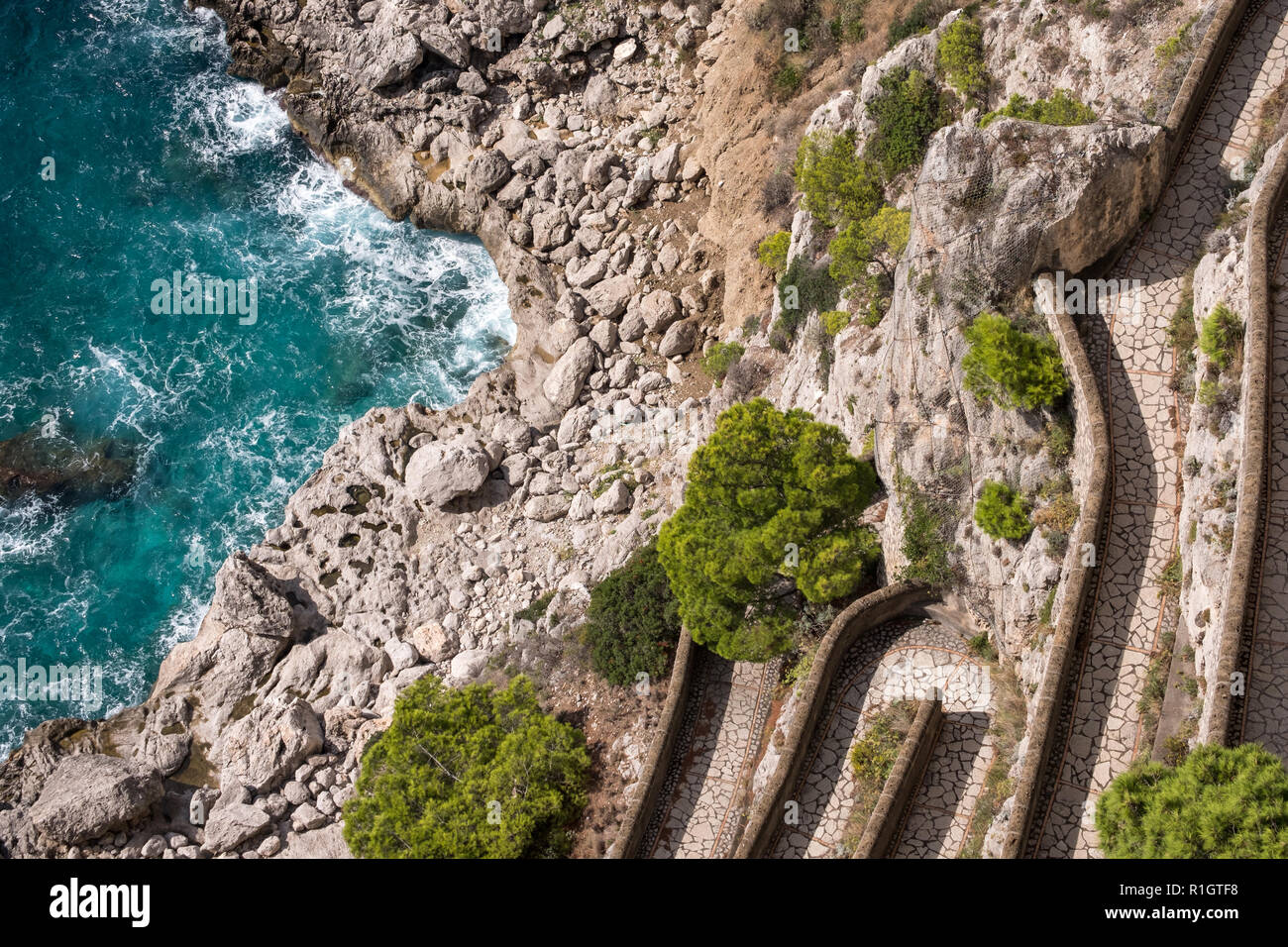 View of Via Krupp switchback pathway and the coastline from the Gardens ...