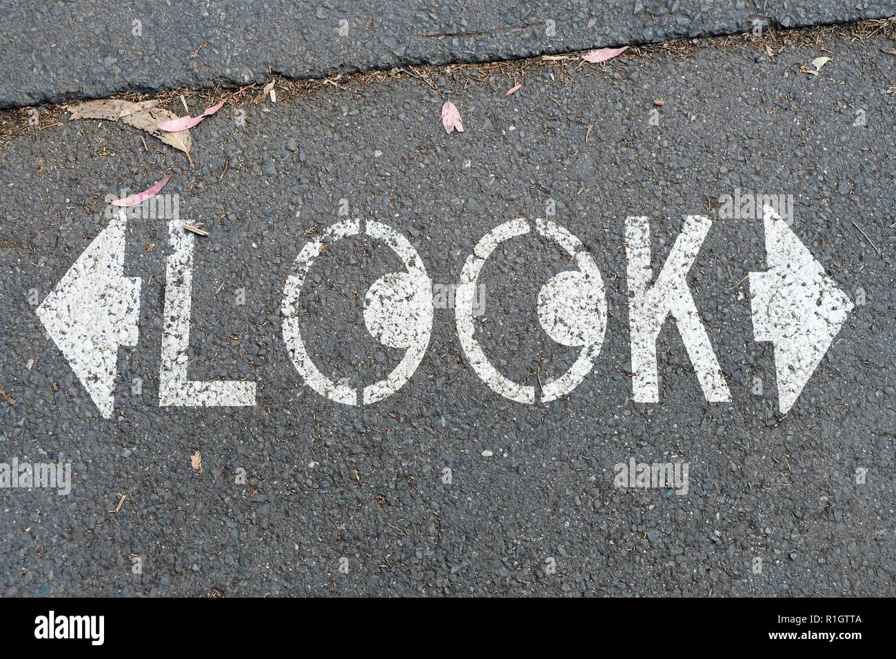 Look, with arrows point in both directions, stenciled on a walking path ...