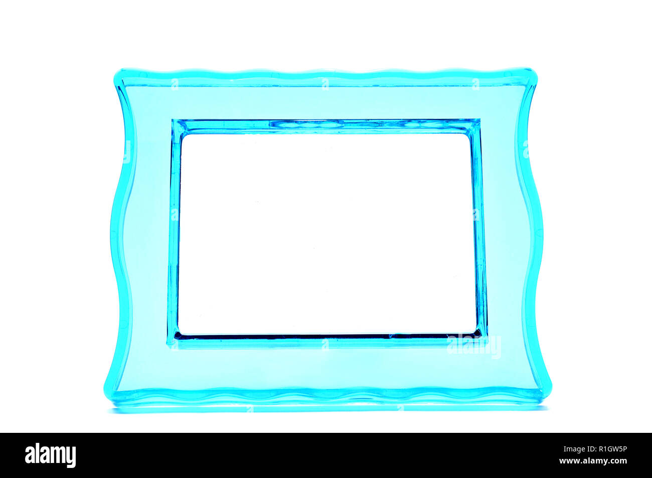 Vintage transparent plastic turquoise color photo frame on an isolated ...