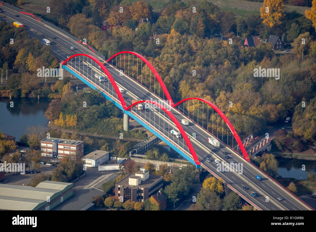 Aerial view, Emscher River, double motorway bridges on the border ...