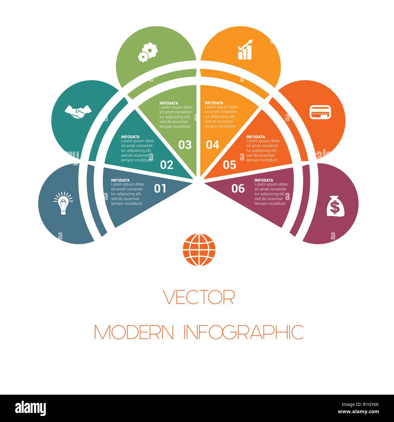 Template of colorful semicircle for infographics with text areas on 6 ...