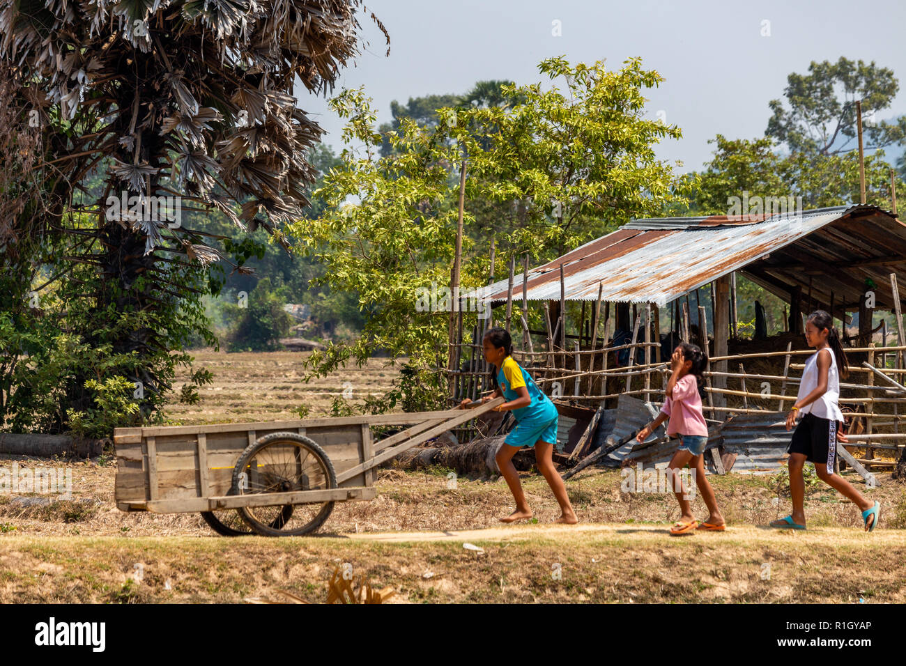 Don Det, Laos - April 22, 2018: Local children playing driving a wooden ...