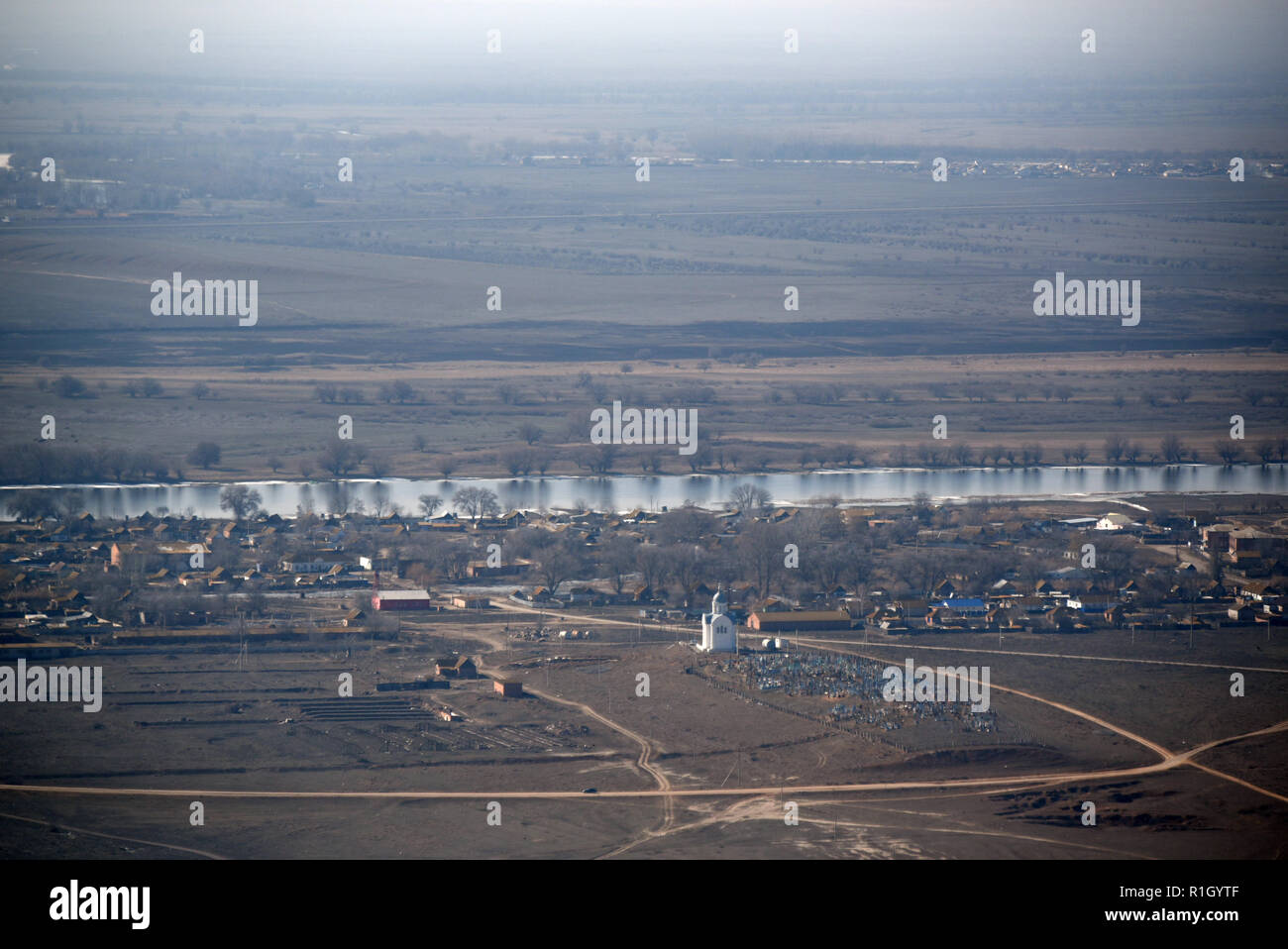 Russian steppe aerial view at the Volga Delta of Astrakhan region ...