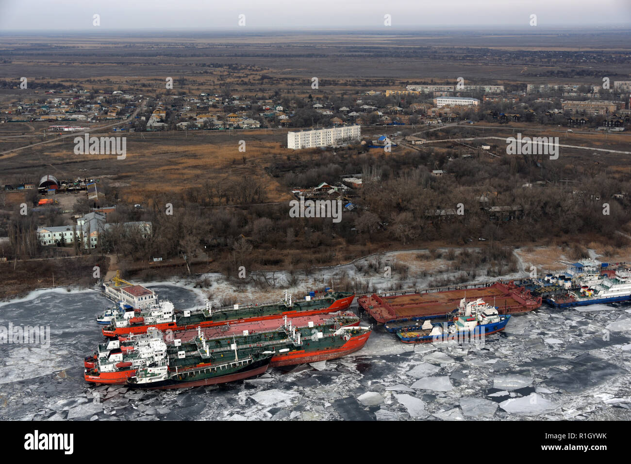 Russian steppe aerial view at the Volga Delta of Astrakhan region ...