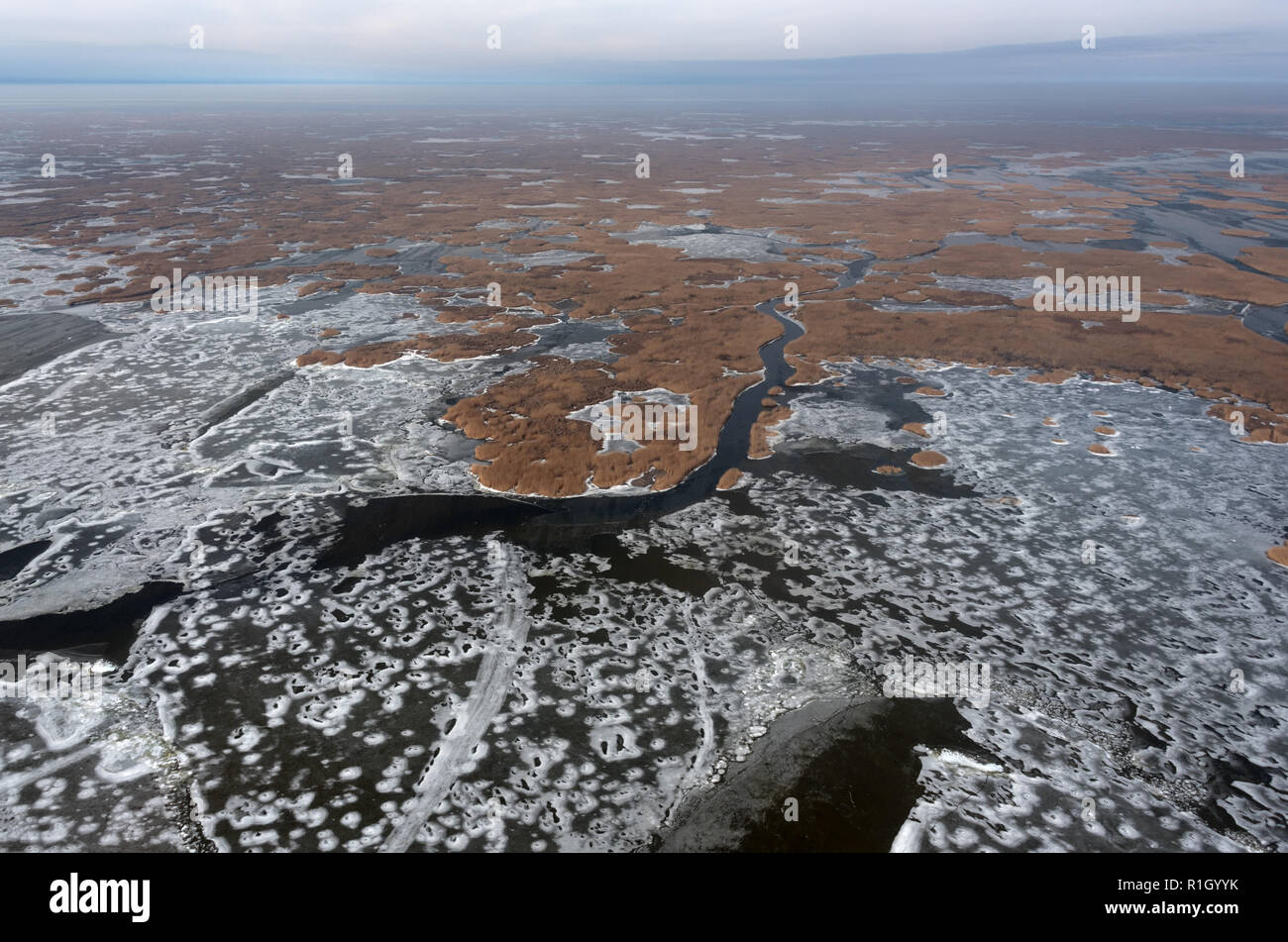 The seashore of Caspian Sea and the Volga Delta aerial view, Astrakhan ...