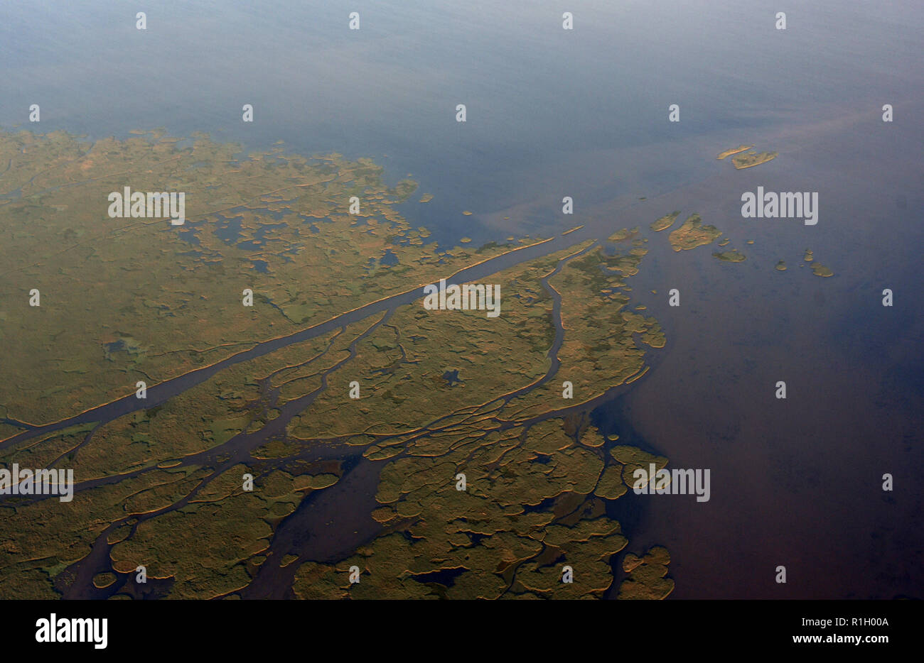 The seashore of Caspian Sea and the Volga Delta aerial view, Astrakhan ...