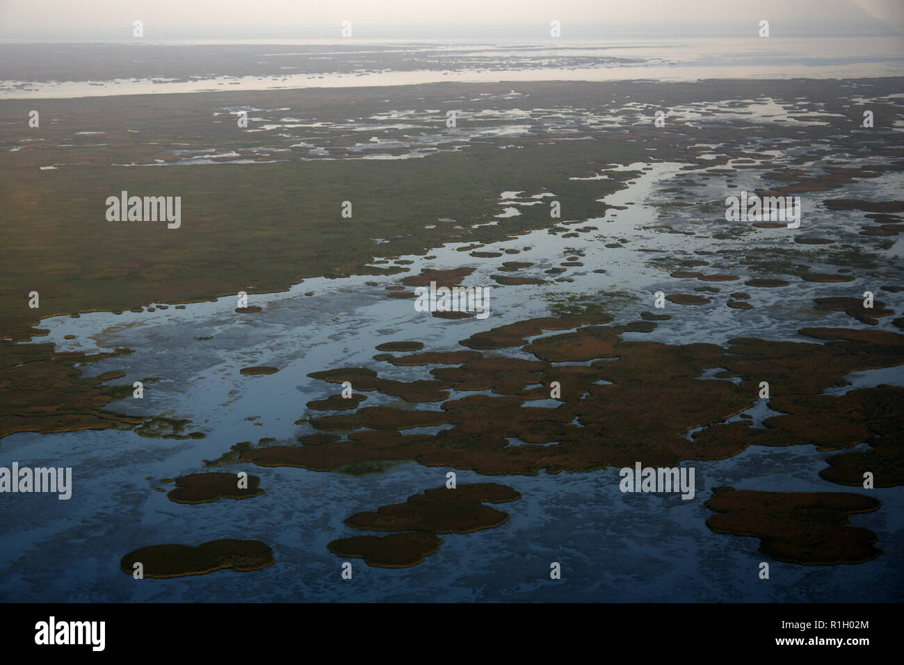 The seashore of Caspian Sea and the Volga Delta aerial view, Astrakhan ...