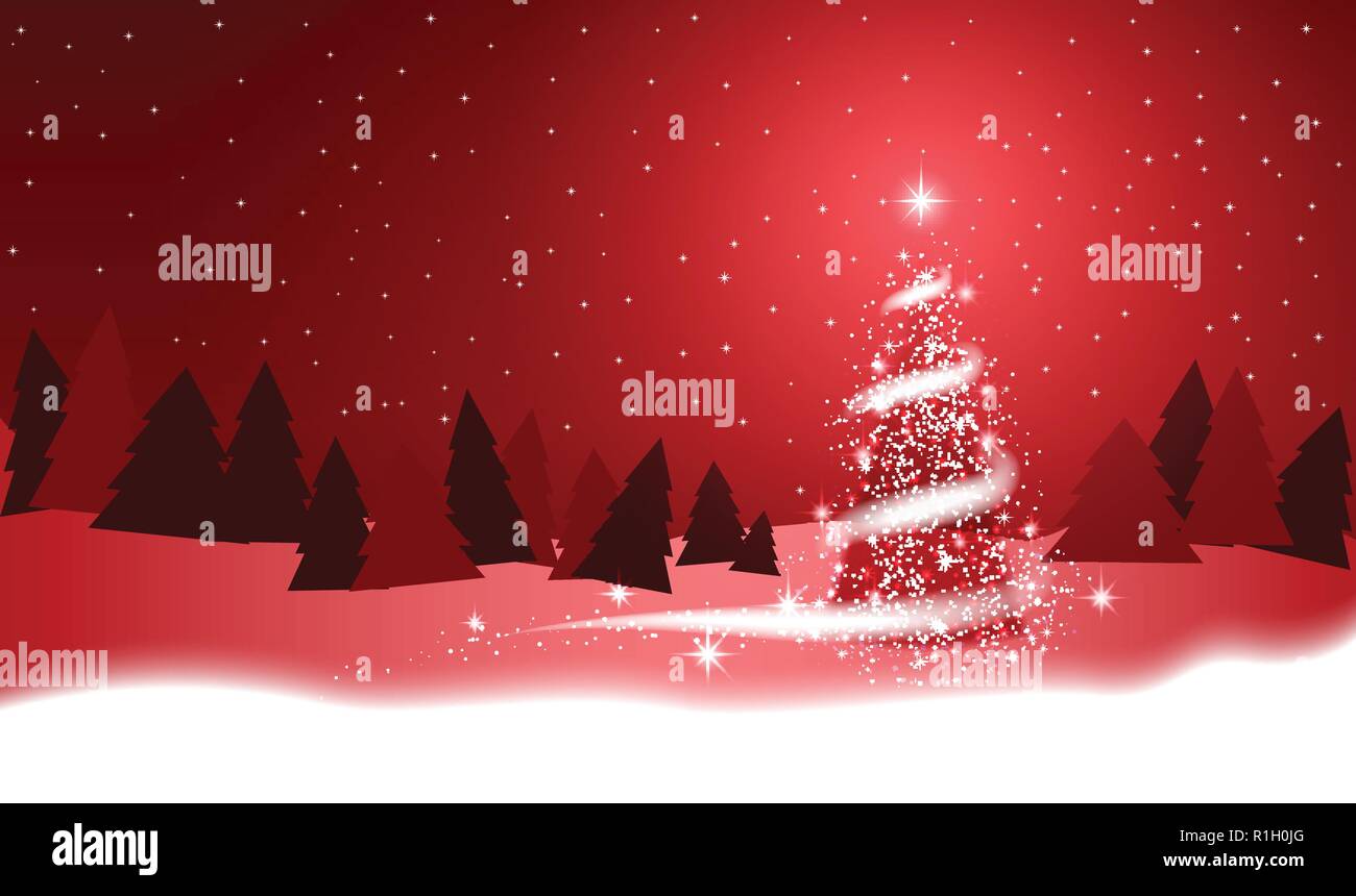Christmas tree, blizzard, stars, snow, sky, night, red background for ...