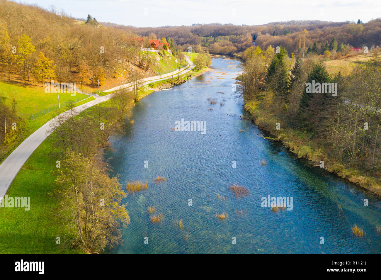 Croatia, Dobra river valley from air, panoramic view of beautiful ...