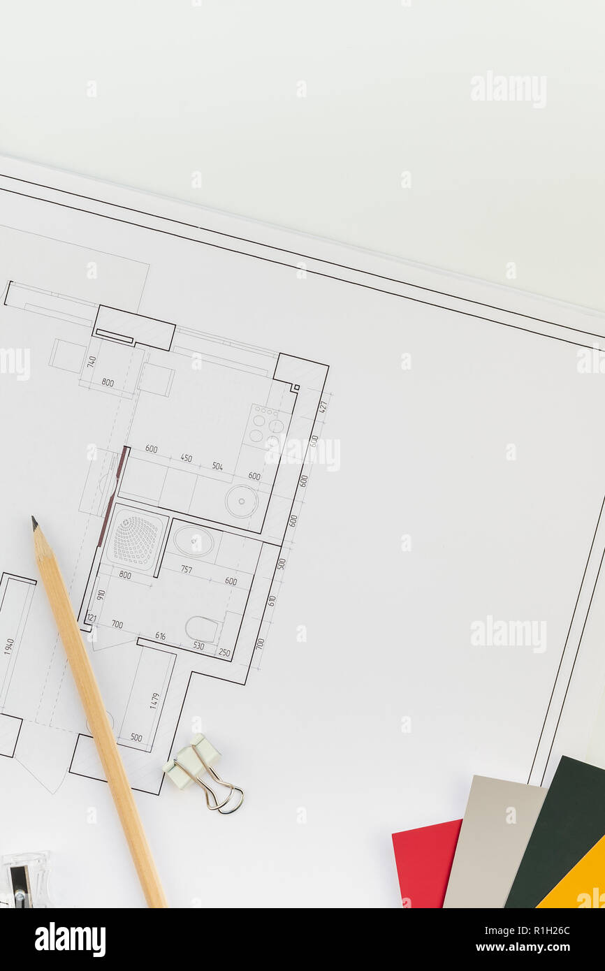 Creative flat lay overhead top view blueprints architectural flat ...