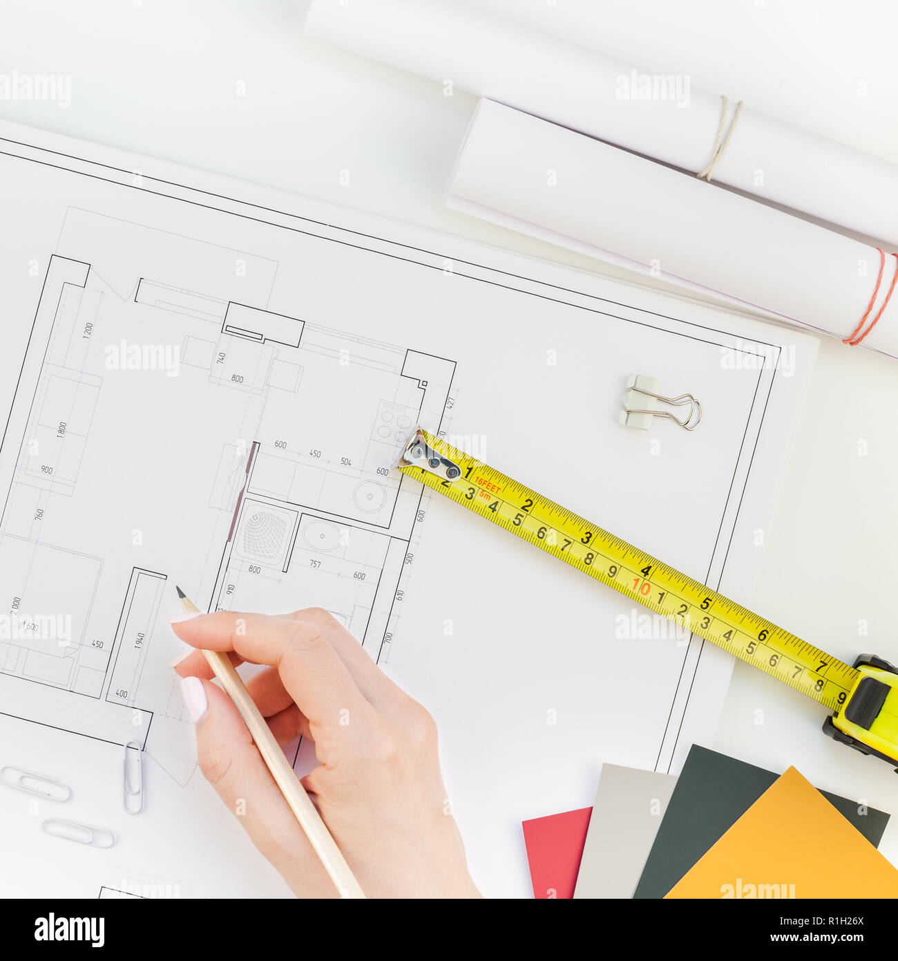 Creative flat lay overhead top view blueprints architectural flat ...