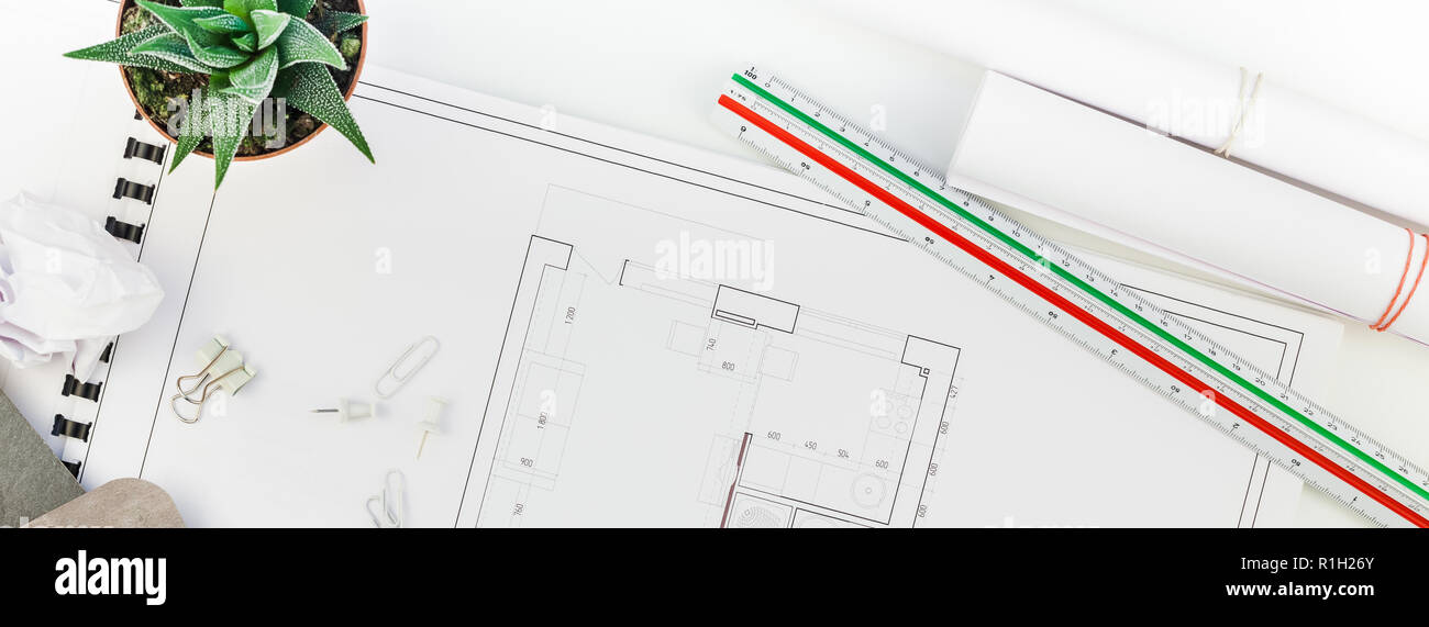 Creative flat lay long wide banner top view blueprints architectural ...