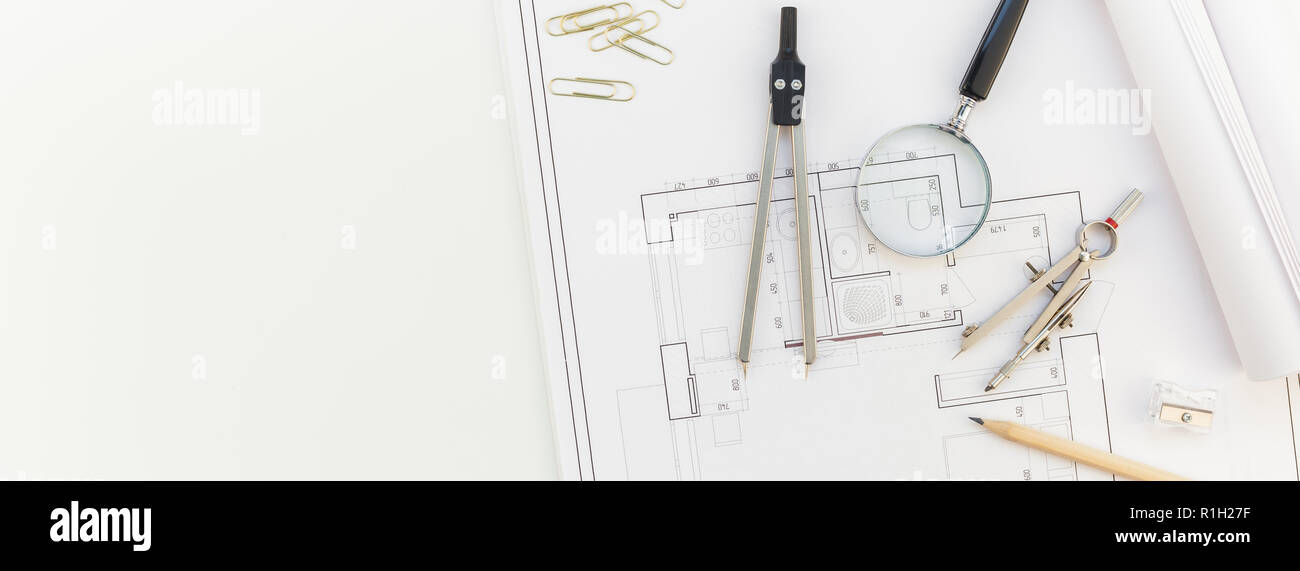 Creative flat lay long wide banner top view blueprints architectural ...
